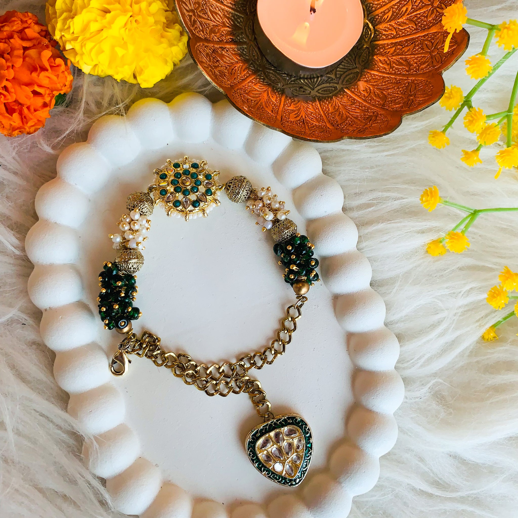 Pearl Beaded Hanging Lumba with CenterPiece Bracelet Rakhi